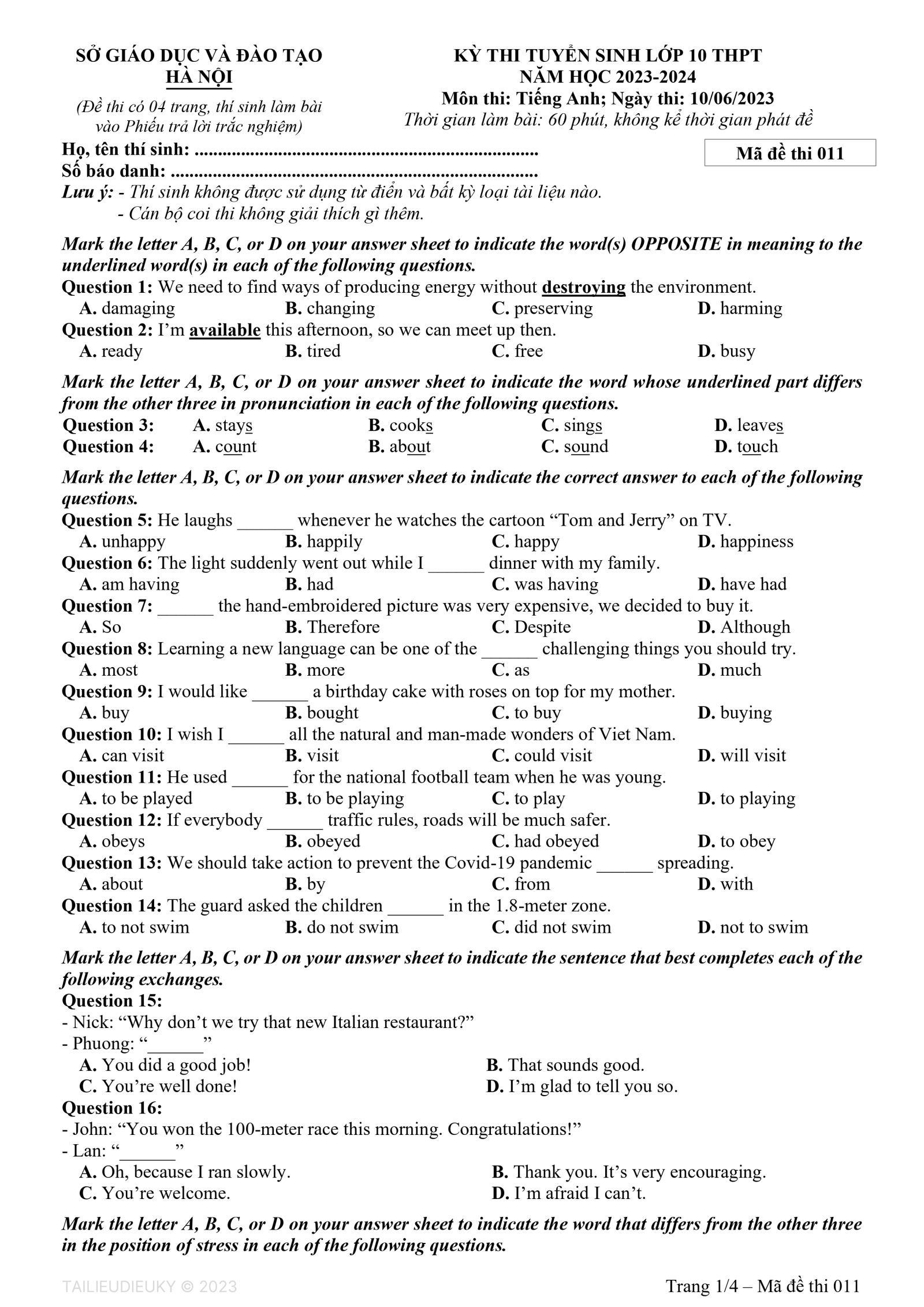 Đề thi Tiếng Anh vào 10 Hà Nội 2023 có đáp án mã đề thi 011 file word và pdf | Tài liệu diệu kỳ