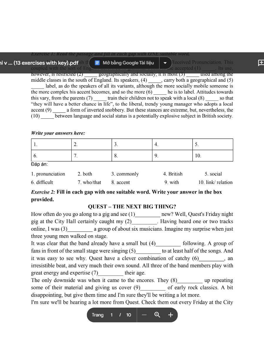 Ôn thi vào lớp 10 chuyên Anh và thi Học sinh giỏi môn tiếng anh Chuyên đề Điền từ vào đoạn văn ...