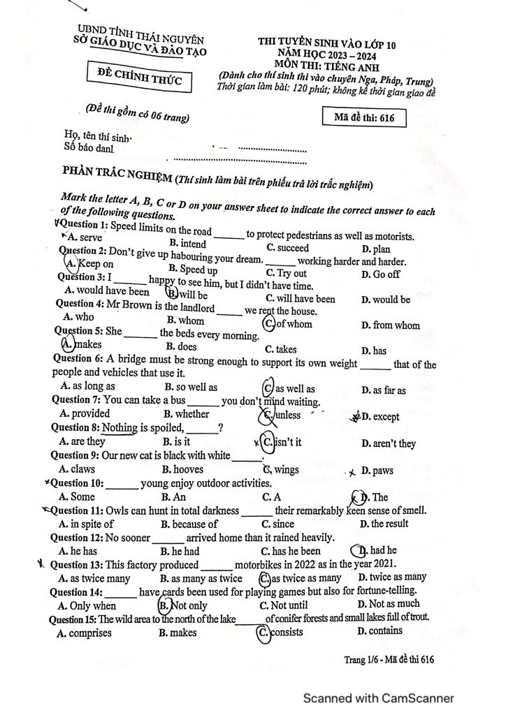 Đề thi tuyển sinh vào lớp 10 THPT Chuyên Thái Nguyên môn Tiếng Anh (Dành cho thí sinh thi chuyên ...