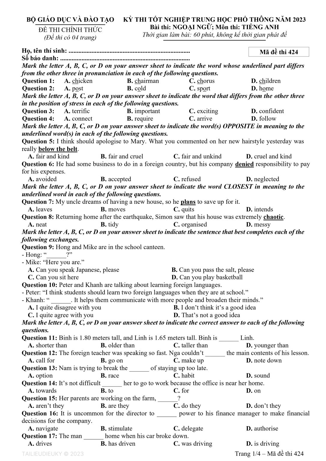 Đề thi tuyển sinh vào lớp 10 THPT Chuyên tỉnh Tiền Giang môn Tiếng Anh (Chuyên) năm học 2022 ...