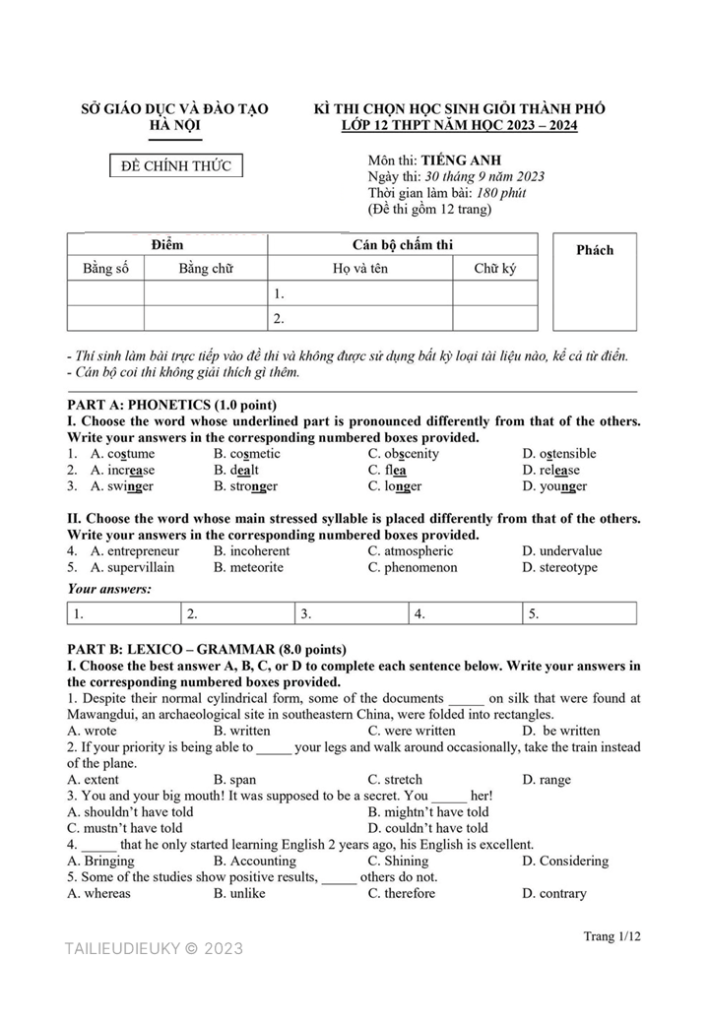 Đề thi HSG Tiếng Anh 12 Hà Nội năm học 2023 – 2024 pdf | Tài liệu diệu kỳ