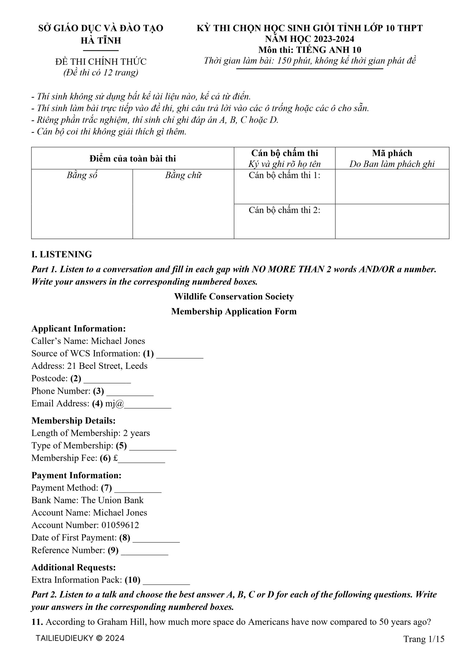 Đề thi tuyển sinh vào lớp 10 THPT Chuyên Hà Tĩnh năm học 2022-2023 môn Tiếng Anh (Chuyên) có đáp ...