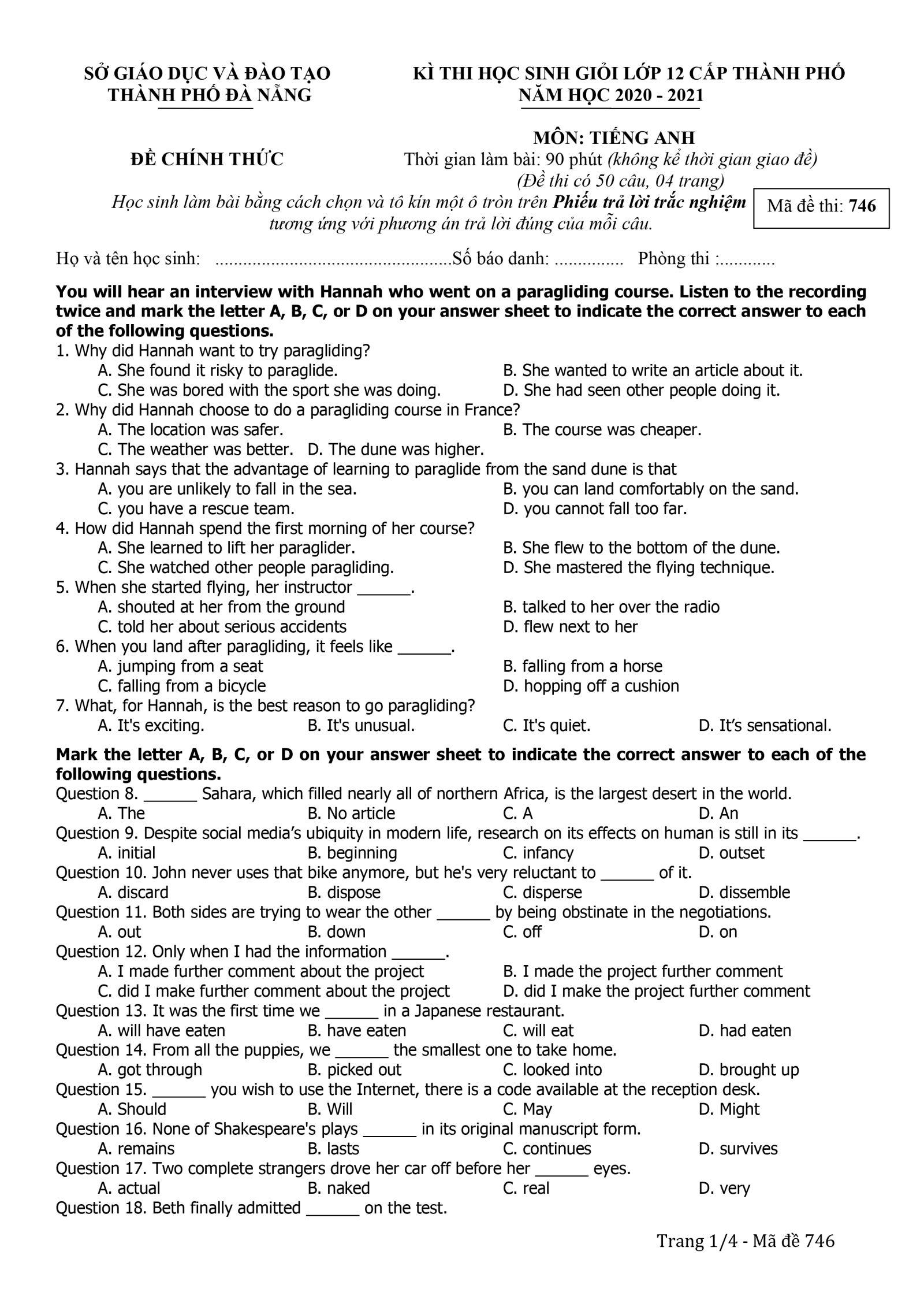 Đề thi HSG Tiếng Anh 12 TP Đà Nẵng năm học 2021-2022 | Tài liệu diệu kỳ