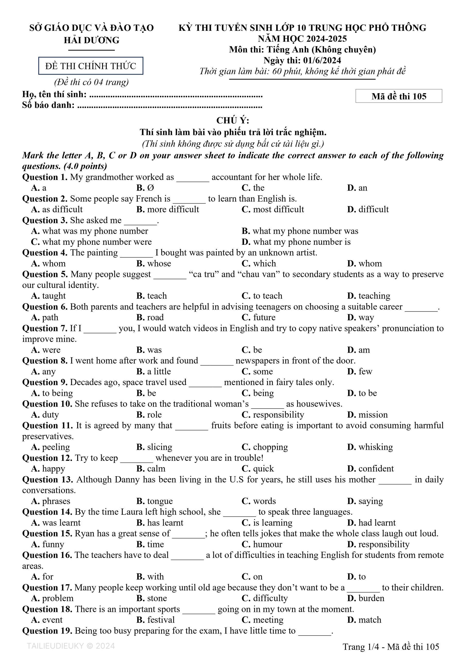 Đề thi Chuyên Anh tỉnh Vĩnh Phúc năm học 2024-2025 có đáp án và file nghe (file word + pdf ...