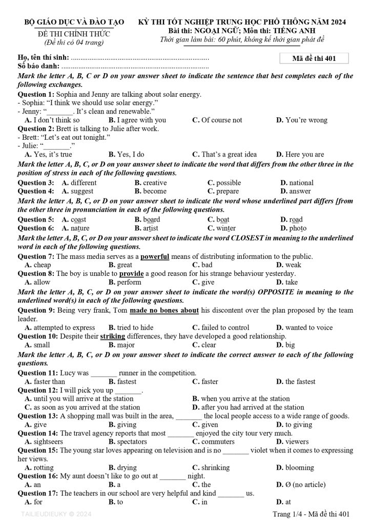 Đề thi tốt nghiệp THPT Quốc Gia môn Tiếng Anh 2024 file PDF + WORD | Tài liệu diệu kỳ