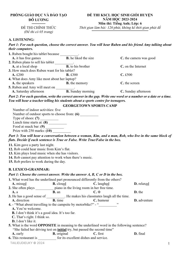Đề thi HSG Tiếng Anh 6 huyện Đô Lương 2024 có đáp án + file nghe | Tài liệu diệu kỳ