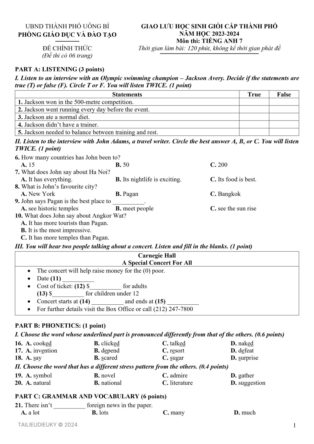 Đề thi HSG Tiếng Anh 7 cấp huyện/thành phố Uông Bí 2023-2024 có đáp án và file nghe (word+pdf ...