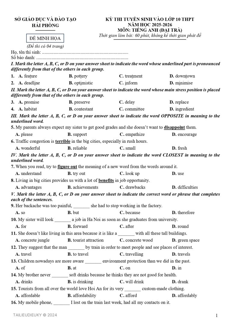 Đề thi minh họa Tiếng Anh năm 2025 file pdf và word | Tài liệu diệu kỳ