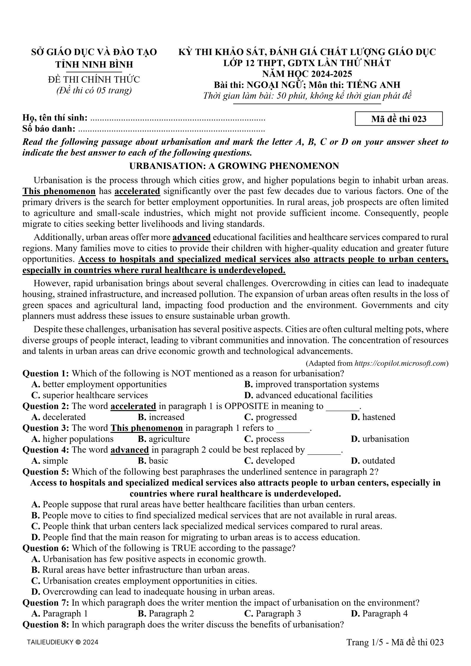 Đề thi minh họa Tiếng Anh năm 2025 file pdf và word | Tài liệu diệu kỳ