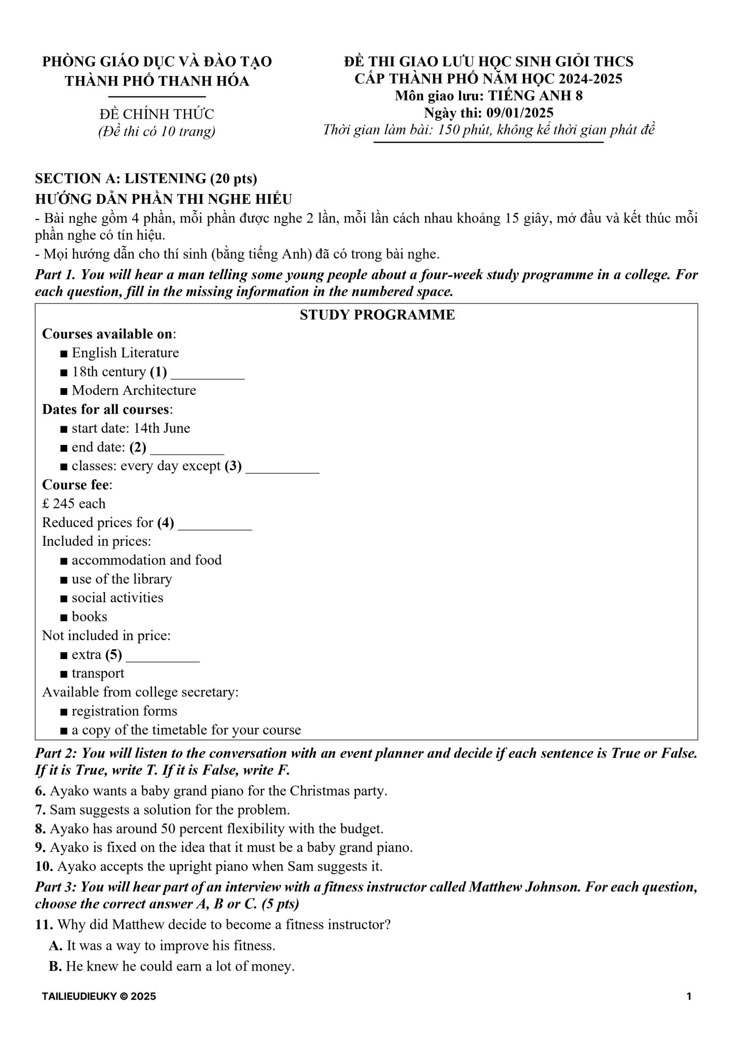 Đề thi HSG Tiếng Anh 9 Thanh Hóa 2024-2025 (Kèm HDC & File Nghe) | Tài liệu diệu kỳ
