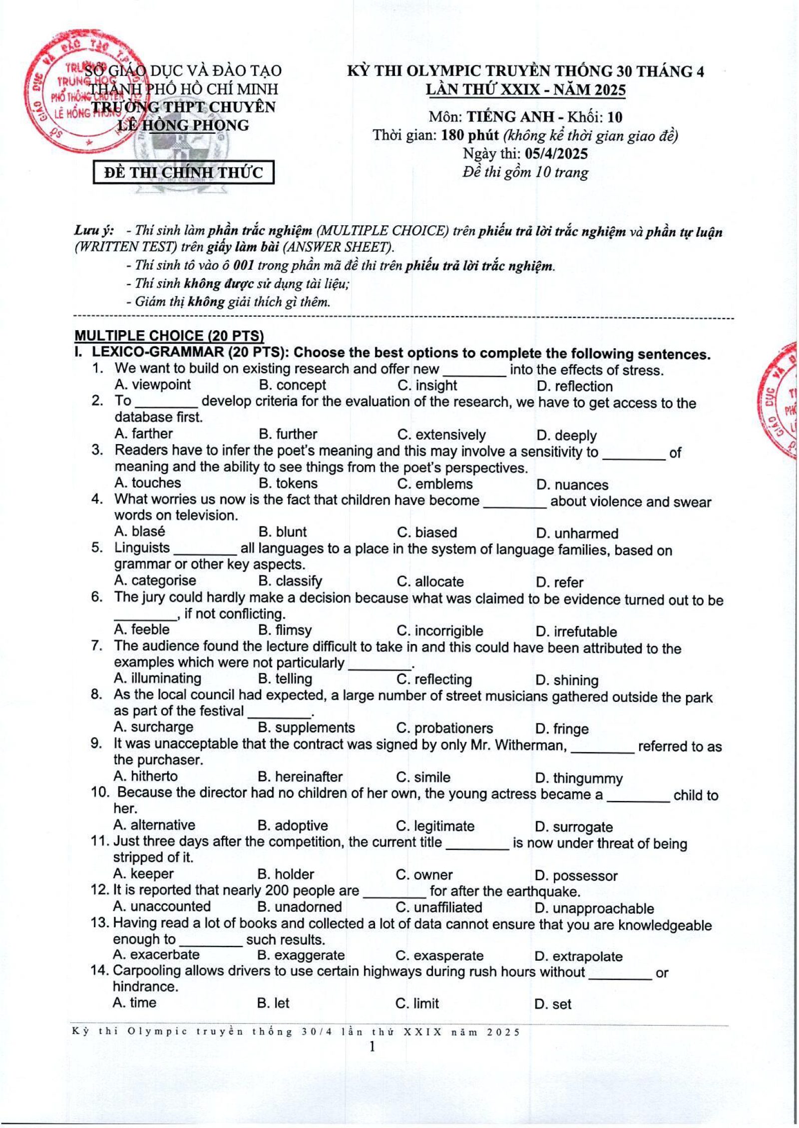 Đề thi HSG Tiếng Anh 9 Thanh Hóa 2024-2025 (Kèm HDC & File Nghe) | Tài liệu diệu kỳ
