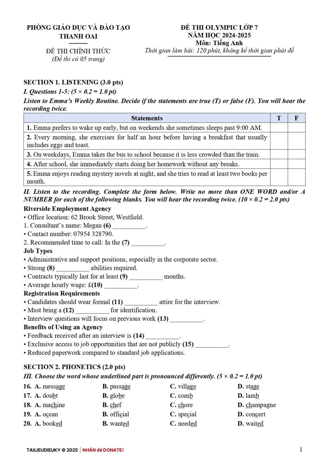 Đề thi vào 10 môn Tiếng Anh Hà Nội năm 2024 PDF + WORD | Tài liệu diệu kỳ