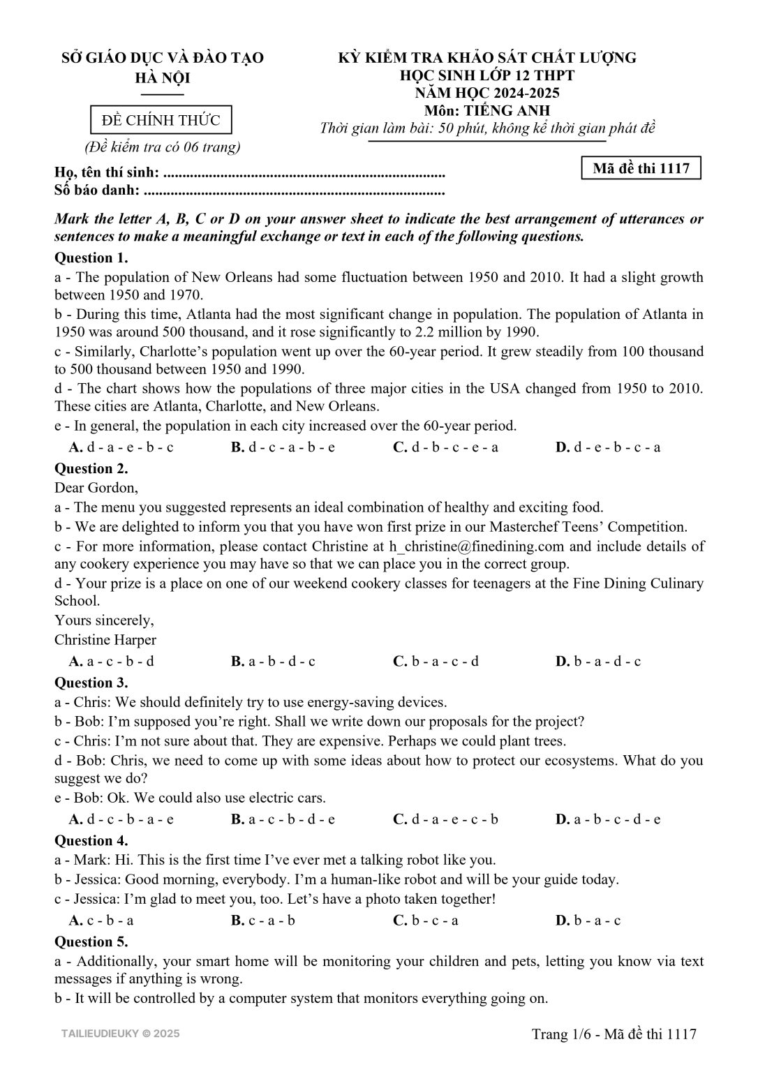 Đề thi vào lớp 10 Tiếng Anh Đà Nẵng 2024-2025 word+pdf có đáp án | Tài ...