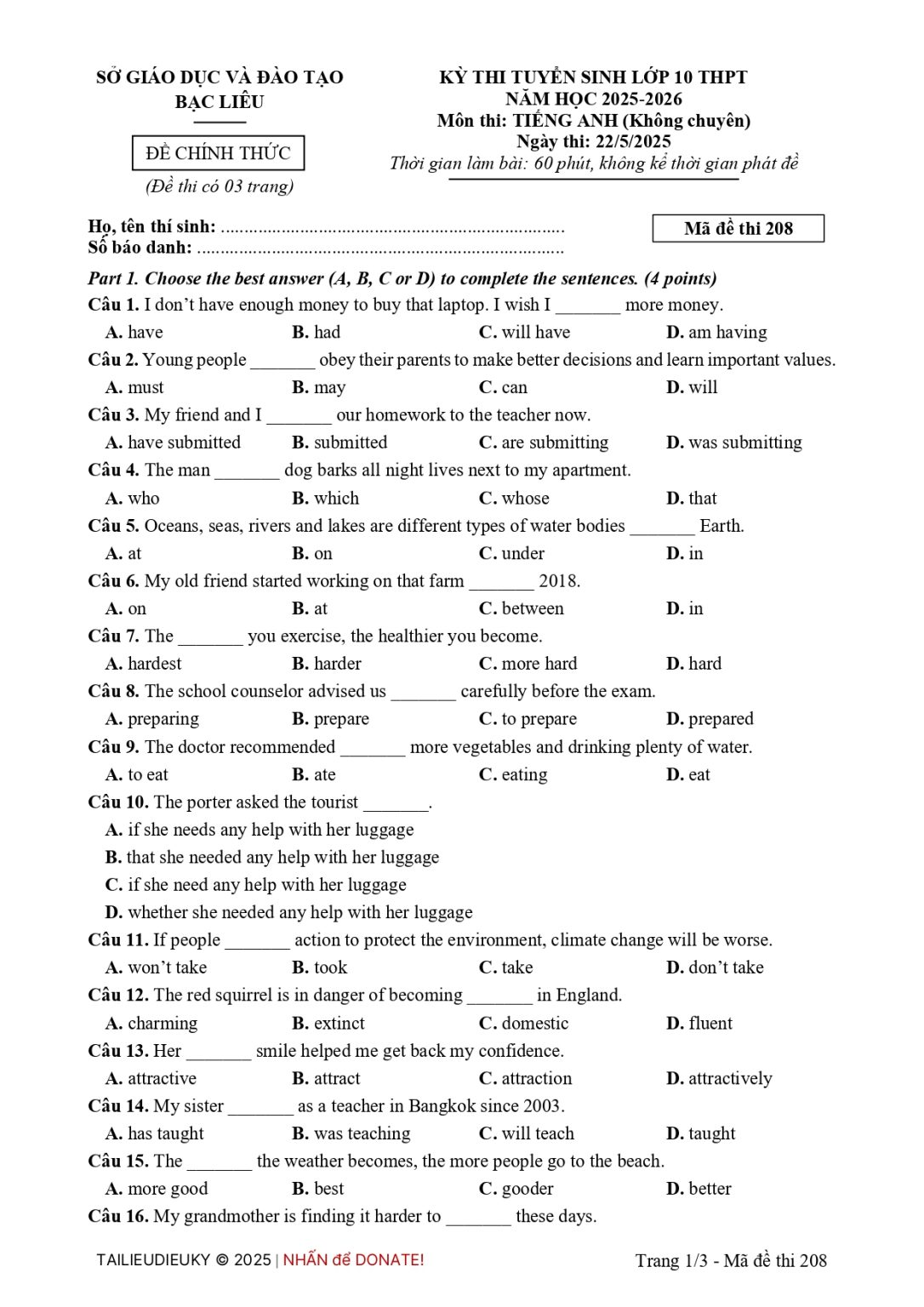 Đề thi Tiếng Anh vào 10 2025 tỉnh Bạc Liêu có đáp án (word+pdf) | Tài liệu diệu kỳ