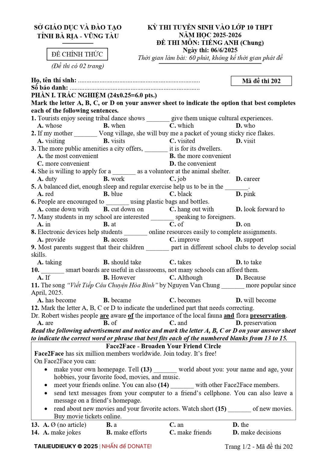 24 mã đề thi chính thức môn Tiếng Anh THPT Quốc gia, Kỳ thi tốt nghiệp THPT 2023 file word và ...