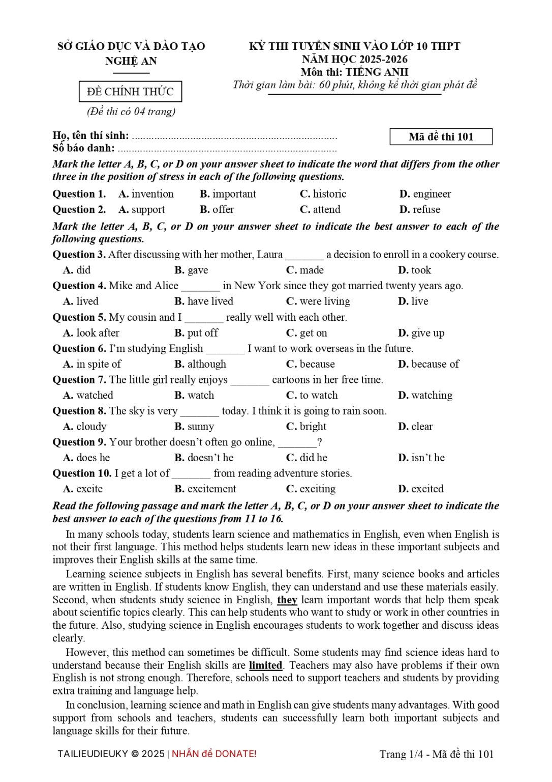 Đề thi vào lớp 10 Tiếng Anh Đà Nẵng 2024-2025 word+pdf có đáp án | Tài ...