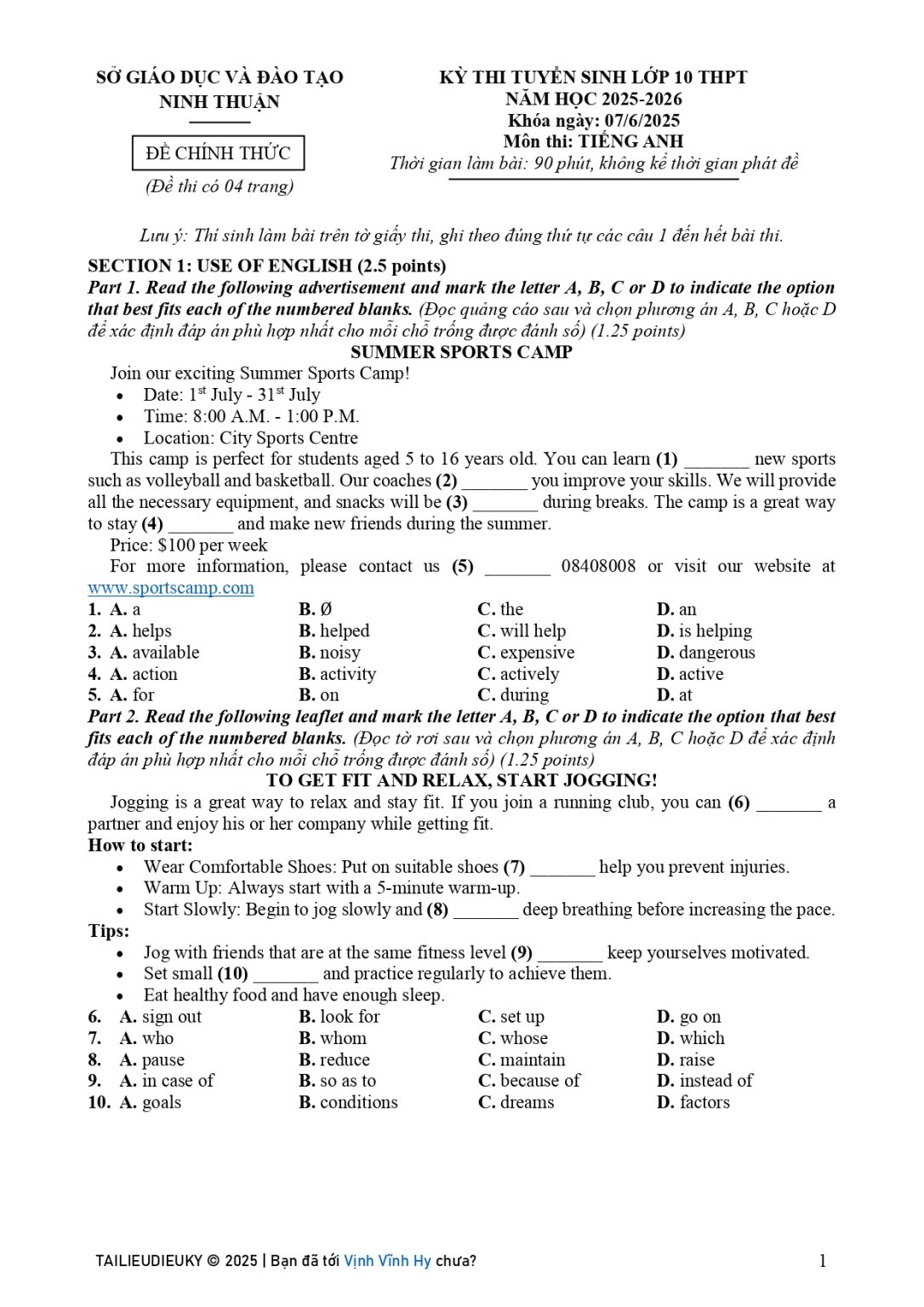 Đề thi Tiếng Anh vào lớp 10 Long An năm 2025: PDF+WORD | Tài liệu diệu kỳ