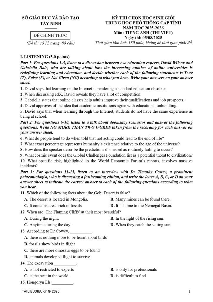 Bộ đề thi HSG Tiếng Anh lớp 7 năm 2024-2025 cực hay | Tài liệu diệu kỳ