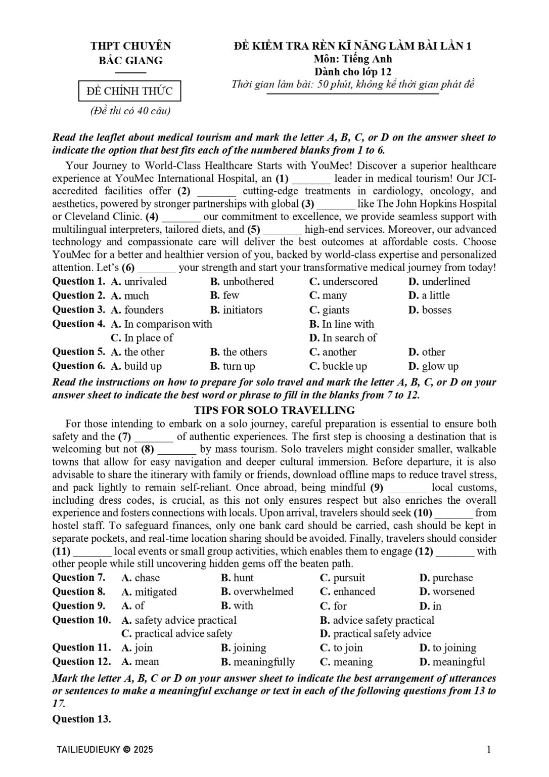 Đề thi vào 10 môn Tiếng Anh Hà Nội năm 2024 PDF + WORD | Tài liệu diệu kỳ