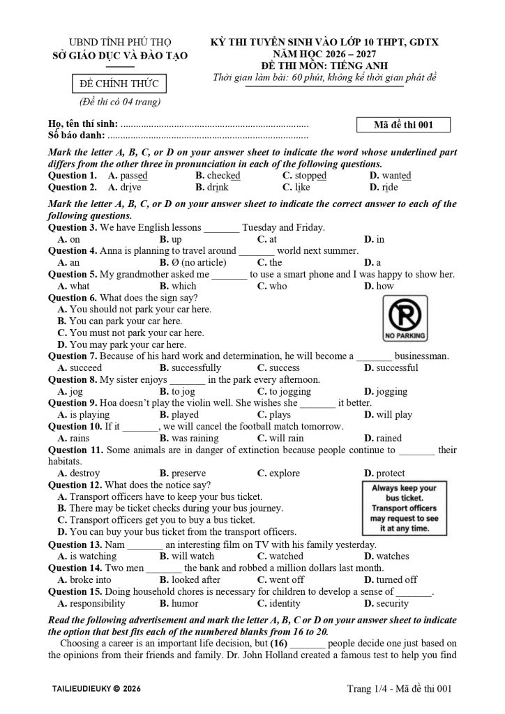 Đề thi Tiếng Anh vào lớp 10 Phú Thọ 2026-2027 (WORD + PDF) | Tài liệu ...